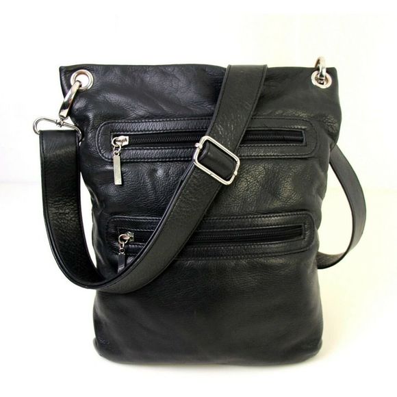 margot | Bags | Margotblack Genuine Leatherzip Pockets Shoulder Bag ...